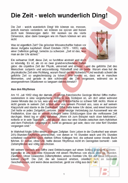 Arbeitsblatt: Die Zeit, ein wunderlich Ding - Deutsch - Textverständnis Arbeitsblatt: Die Zeit, ein wunderlich Ding - Deutsch - Textverständnis