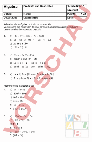 Arbeitsblatt: Produkte/Quotienten-Test - Mathematik - Algebra