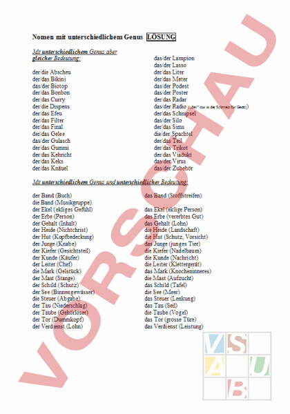 Arbeitsblatt: Nomen und Genus - Deutsch - Wortschatz