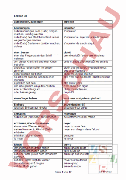 Arbeitsblatt: Lektion 08 - Französisch - Wortschatz