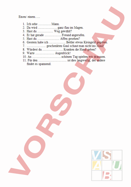 Arbeitsblatt: Einem/einen - Deutsch - Grammatik