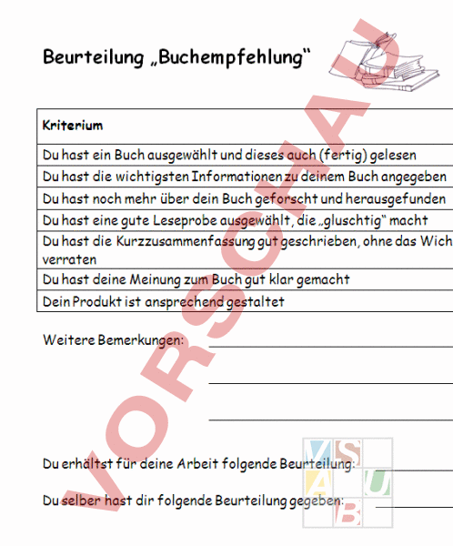 Arbeitsblatt: Beurteilung Buchempfehlung - Deutsch - Leseförderung ...