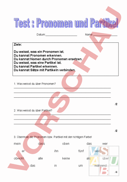 Arbeitsblatt: Test Pronomen/Partikel - Deutsch - Grammatik Arbeitsblatt: Test Pronomen/Partikel - Deutsch - Grammatik