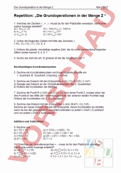 Arbeitsblatt: Menge Z - Mathematik - Zahlenbereiche