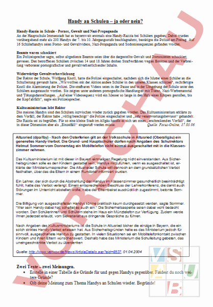 Arbeitsblatt: Handy an Schulen - ja oder nein? - Deutsch - Gemischte Themen