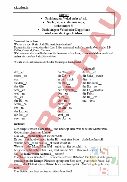 Arbeitsblatt: ck oder k - Deutsch - Rechtschreibung