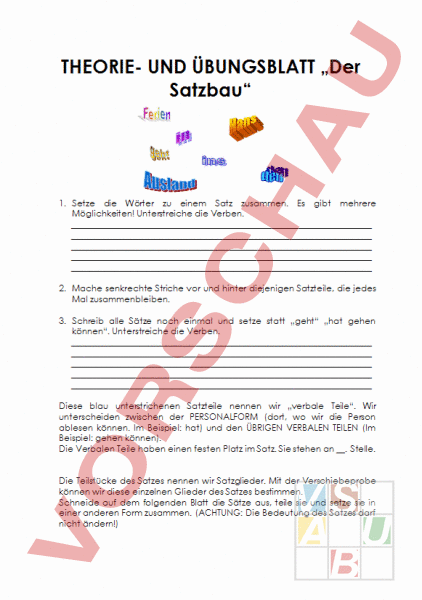 Arbeitsblatt: Satzbau - Deutsch - Grammatik