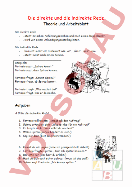 Arbeitsblatt: Direkte / indirekte Rede - Deutsch - Grammatik
