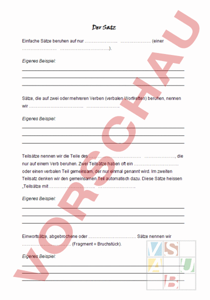 Arbeitsblatt: Der Satz - Deutsch - Grammatik