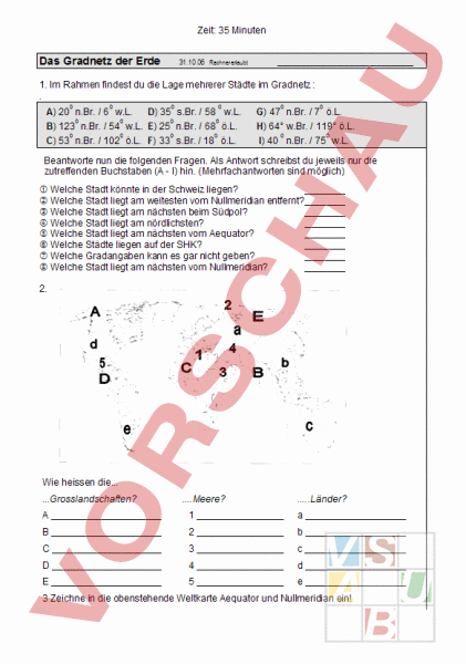 Arbeitsblatt: Probe Gradnetz der Erde, Gruppen A, B und C - Geographie ...