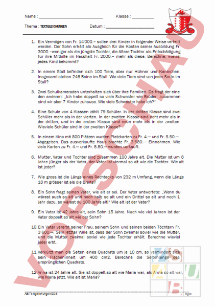 Arbeitsblatt: Textgleichungen - Mathematik - Gleichungen / Ungleichungen