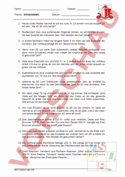 Arbeitsblatt: Textgleichungen2 - Mathematik - Gleichungen / Ungleichungen