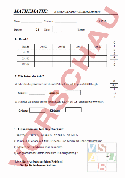 Arbeitsblatt: Test Runden und Durchschnitt - Mathematik - Gemischte Themen