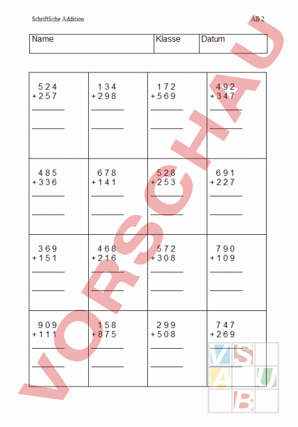 Arbeitsblatt: Schriftliche Addition - Mathematik - Addition