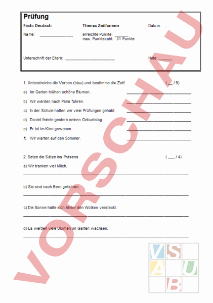 Arbeitsblatt: Prüfung: Zeitformen - Deutsch - Grammatik