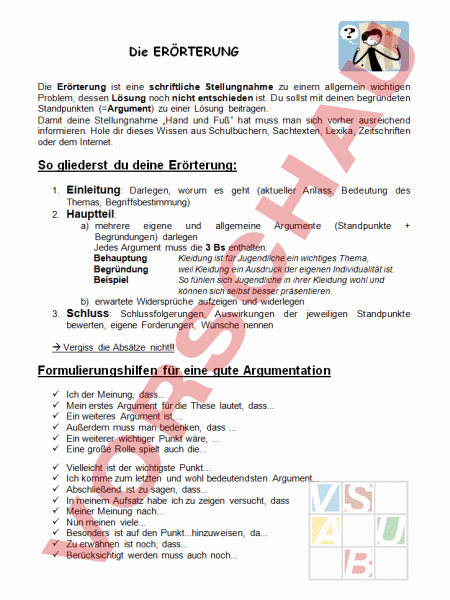 Arbeitsblatt: Erörterung - Deutsch - Rechtschreibung
