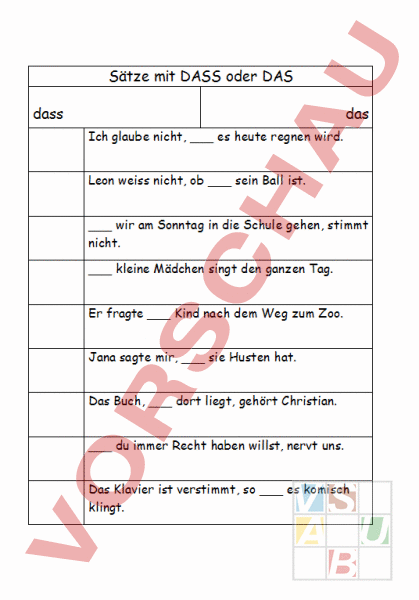 Arbeitsblatt: dass oder das - Deutsch - Rechtschreibung