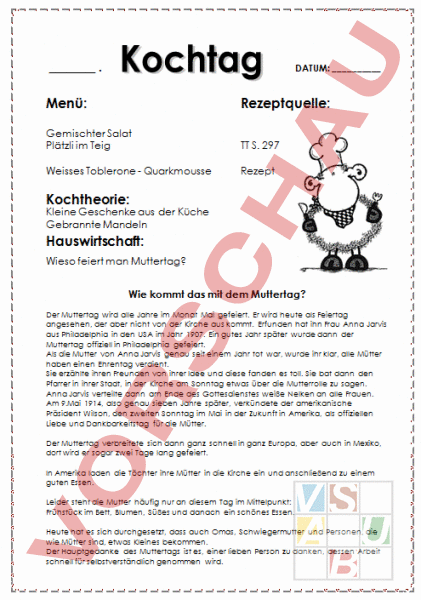Arbeitsblatt: Muttertag - Wirtschaft, Arbeit, Haushalt - Kochen