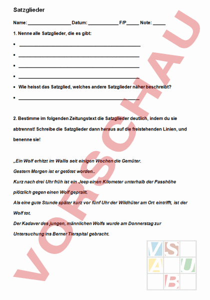 Arbeitsblatt: Satzglieder - Deutsch - Grammatik