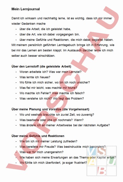 Arbeitsblatt: Lernjournal - Lebenskunde - Persönlichkeitsentwicklung