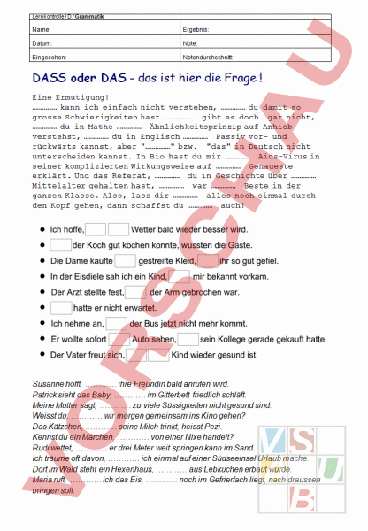 Arbeitsblatt: Dass oder das? - Deutsch - Grammatik