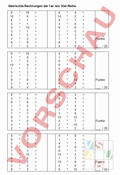 Arbeitsblatt: 1 x 1 aller Reihen bis 10, Kurztests - Mathematik ...