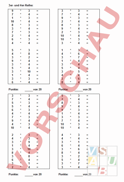 Arbeitsblatt: 3er und 4er Reihe, Kurztest - Mathematik - Multiplikation