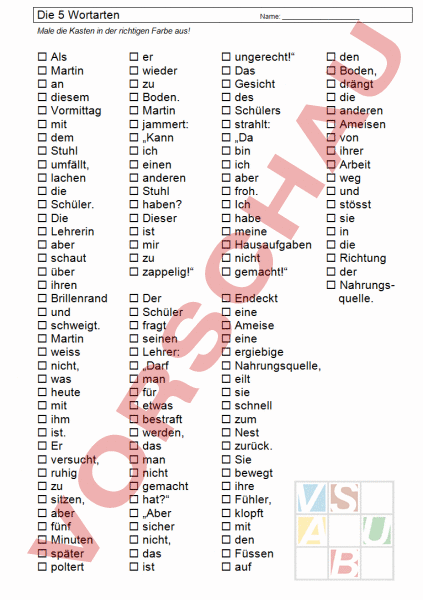 Arbeitsblatt: 5 Wortarten - Deutsch - Grammatik