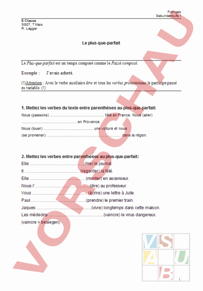 Arbeitsblatt: Le Plus-que-parfait - Französisch - Grammatik