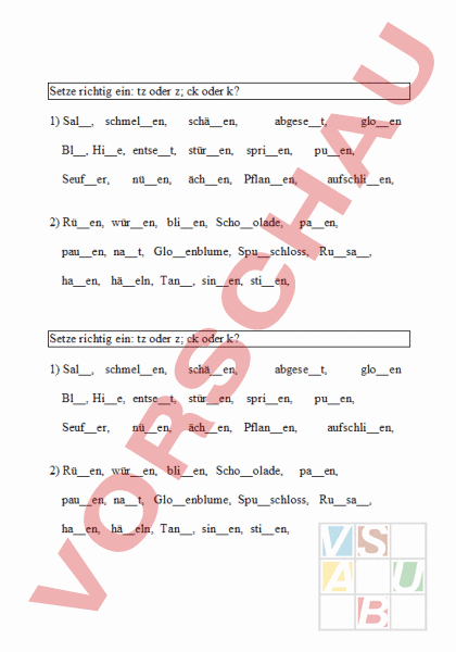 Arbeitsblatt: ck/k tz/z - Deutsch - Rechtschreibung
