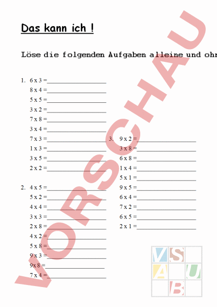 Arbeitsblatt: kleines 1 x 1 - Mathematik - Multiplikation