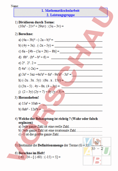 Arbeitsblatt: Schularbeit - Mathematik - Gemischte Themen