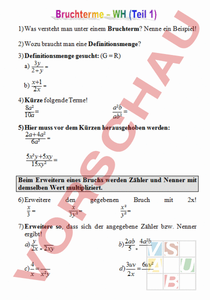 Arbeitsblatt: Bruchterme - Mathematik - Algebra