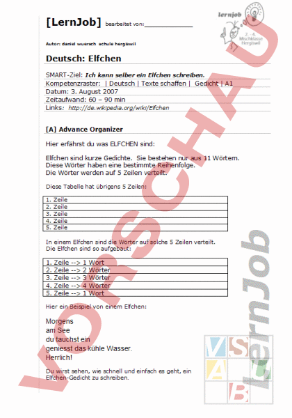 Arbeitsblatt: Lernjob Elfchen - Deutsch - Erstlesen
