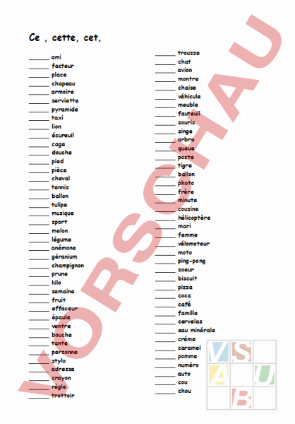 Arbeitsblatt: ce,cette,cet,ces - Französisch - Grammatik