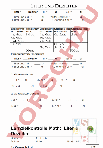 Arbeitsblatt: liter deziliter - Mathematik - Sachrechnen / Grössen
