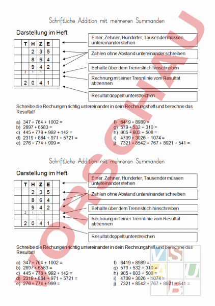 Arbeitsblatt: Schriftliche Addition - Mathematik - Addition