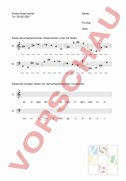 Arbeitsblatt: Test Notennamen - Musik - Musiktheorie / Noten