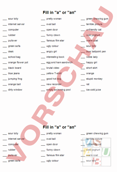 Arbeitsblatt: Fill in a or an. - Englisch - Grammatik