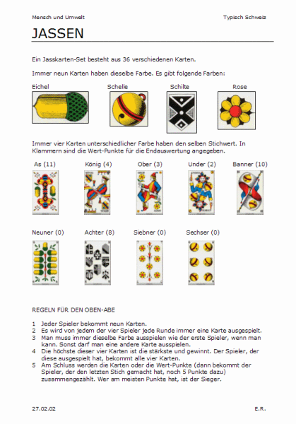 Arbeitsblatt: Jassen - Diverses / Fächerübergreifend - Spiele