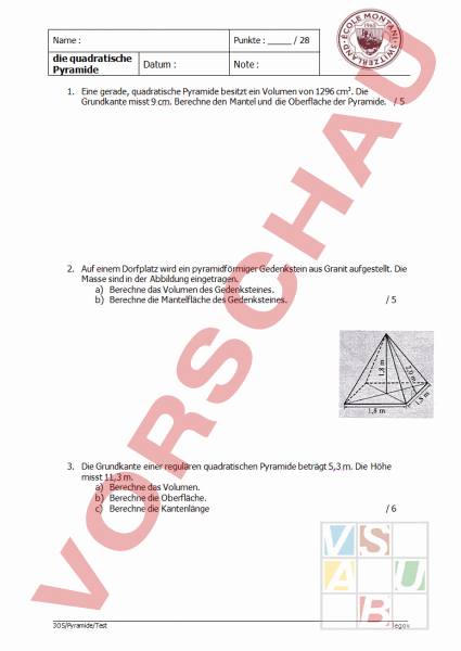 Arbeitsblatt: Test : die quadratische Pyramide - Geometrie - Körper ...