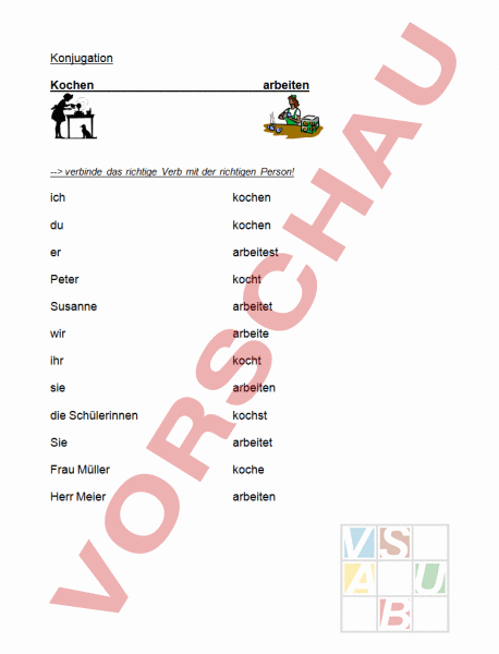 Arbeitsblatt: Konjugation der Verben kochen und arbeiten - Deutsch ...