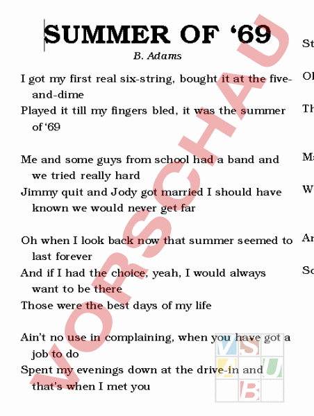 Arbeitsblatt: Summer of '69 - Englisch - Anderes Thema