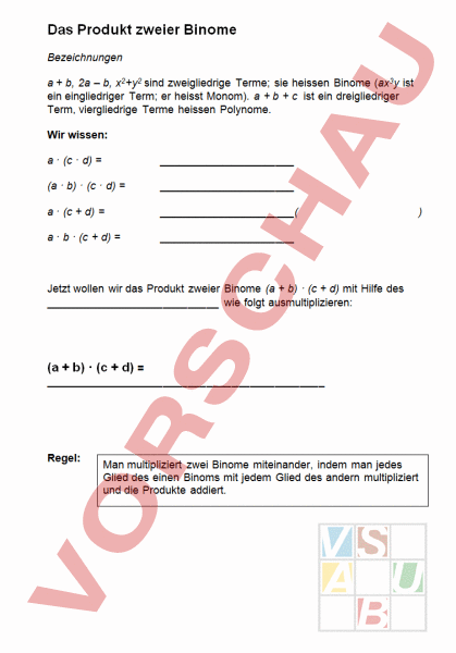 Arbeitsblatt: Produkt zweier Binome - Mathematik - Algebra