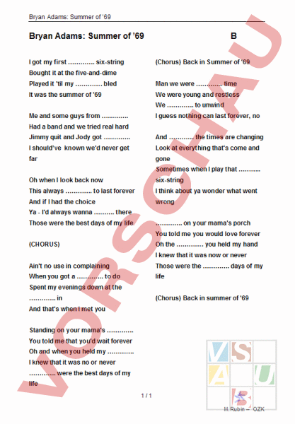 Arbeitsblatt: Bryan Adams - Summer of '69 - Englisch - Wortschatz