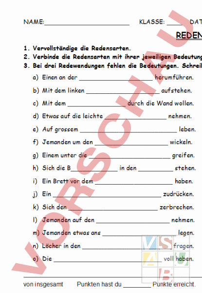 Arbeitsblatt: Redensarten - Deutsch - Wortschatz