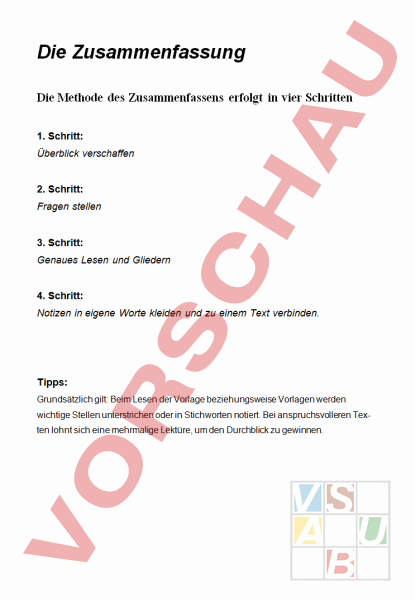 Arbeitsblatt: Die Zusammenfassung - Deutsch - Texte schreiben Arbeitsblatt: Die Zusammenfassung - Deutsch - Texte schreiben