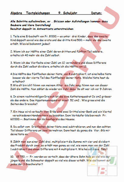 Arbeitsblatt: Textgleichungen - Mathematik - Algebra