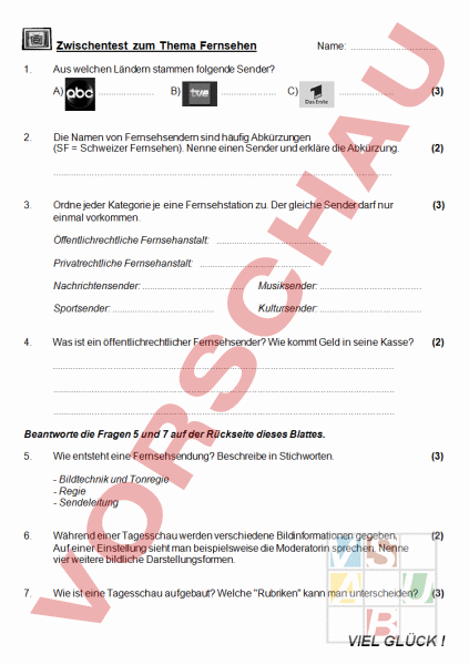 Arbeitsblatt: Zwischentest: Fernsehen - Deutsch - Gemischte Themen