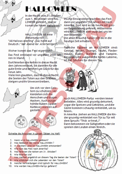 Arbeitsblatt: Halloween - Deutsch - Textverständnis